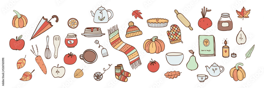 Vector set of hand drawn autumn things, food, vegetables and kitchen ...