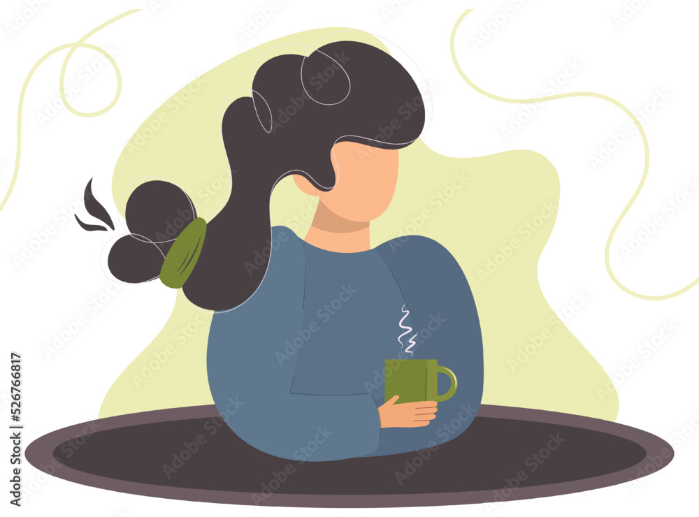 Cute girl at the table drinking coffee. Faceless flat character with a ...