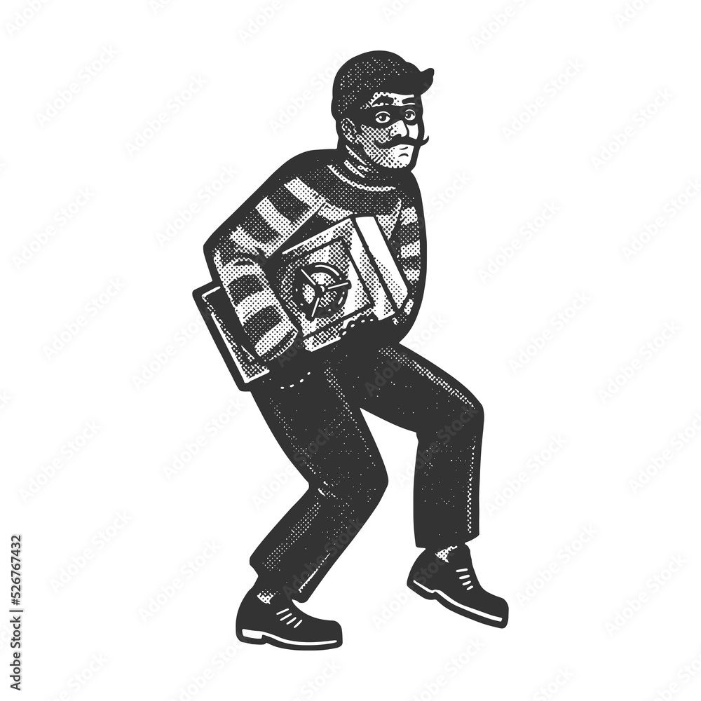 Sneaking thief with safe sketch engraving raster illustration. Scratch ...