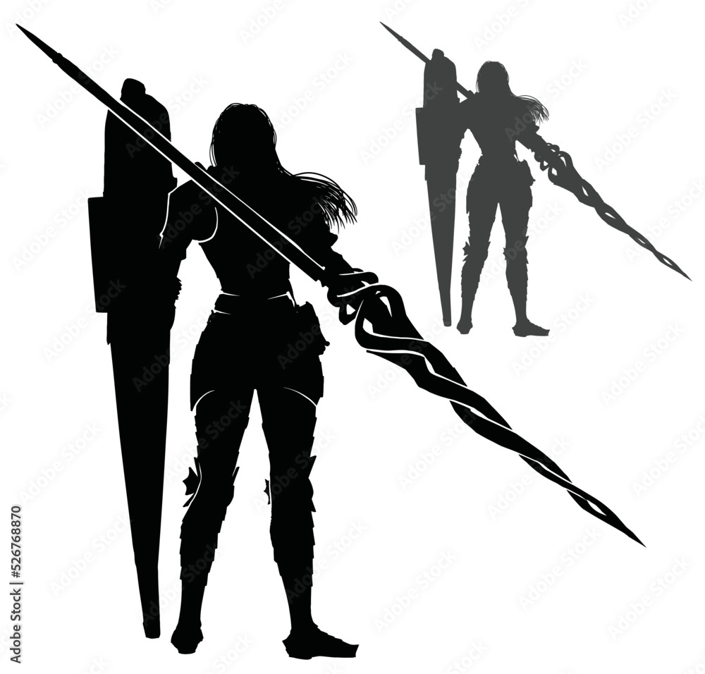 The black silhouette of a lancer girl with a large shield and a long ...