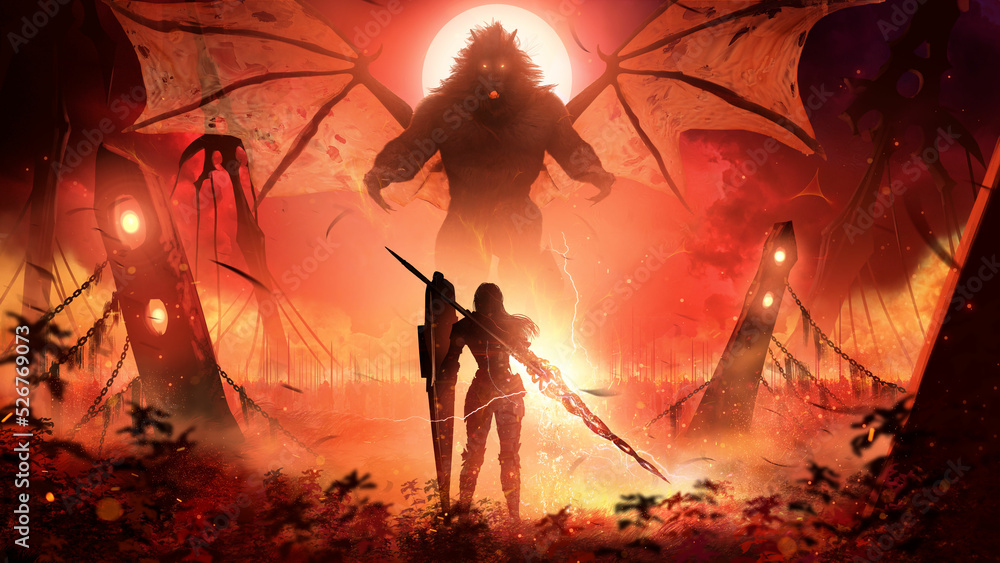 Beautiful knight girl with a shield and electric lance spear fearlessly ...