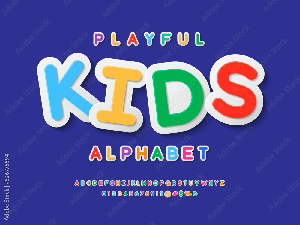 Poster Colorful stylized kids alphabet design with uppercase, numbers ...