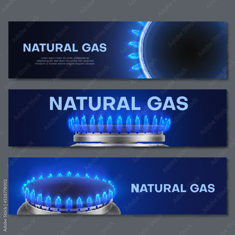 Natural gas burning flame circle glowing fuel banner background set ...