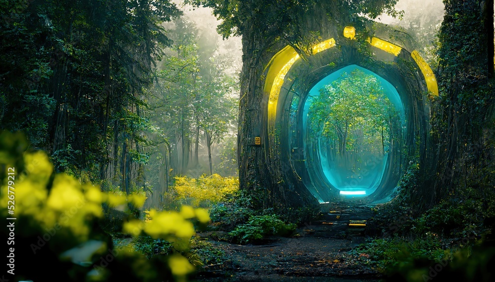 Teleport built by old civilization among trees in forest Stock ...