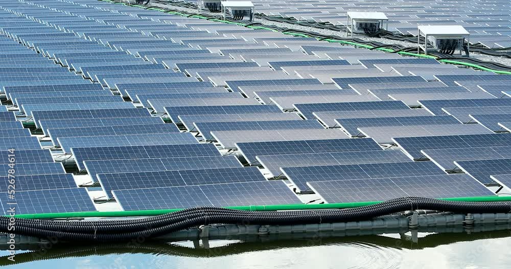The solar panels or solar cells on buoy floating. Power plant with ...