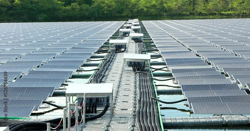 The solar panels or solar cells on buoy floating. Power plant with ...