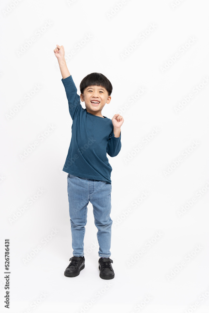 Poster Happy Asian little boy hands up raised arms from happiness ...