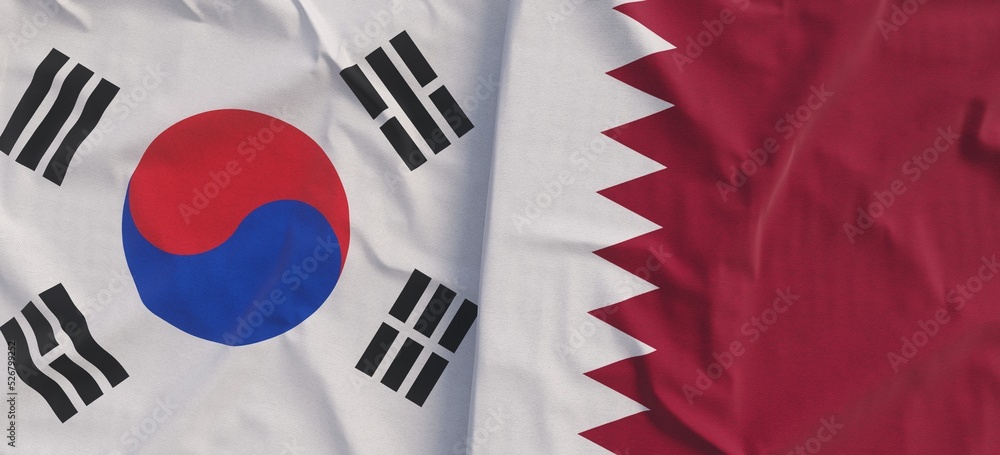 Flags of South Korea and Qatar. Linen flag close-up. Flag made of ...