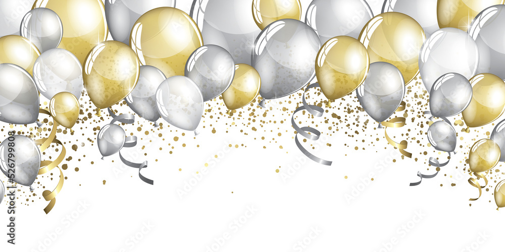 Silver and gold balloons and confetti illustration on a white ...