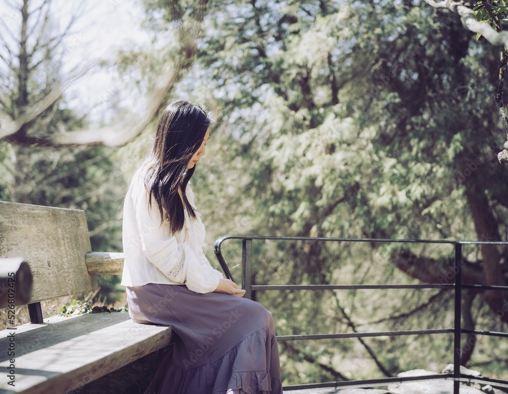 Rear View Of Woman Sitting On Railing Stock Photo | Adobe Stock