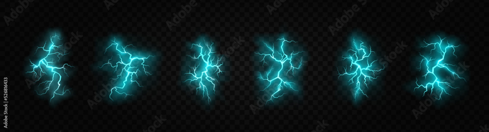 Set of lightnings on transparent background. Thunder-storm and ...