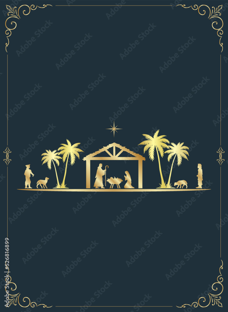 Blue and golden Christmas Nativity scene background Stock Vector ...
