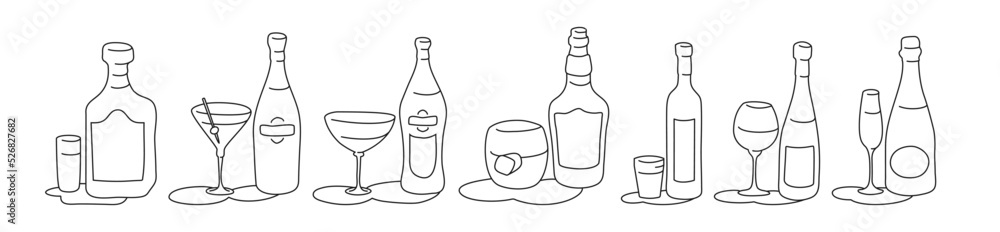 Rum martini vermouth whiskey vodka wine champagne bottle and glass ...