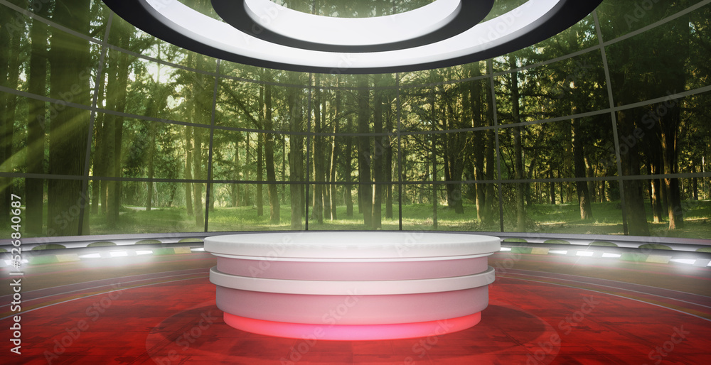 Virtual studio TV show backdrop with desk and a green forest at the ...