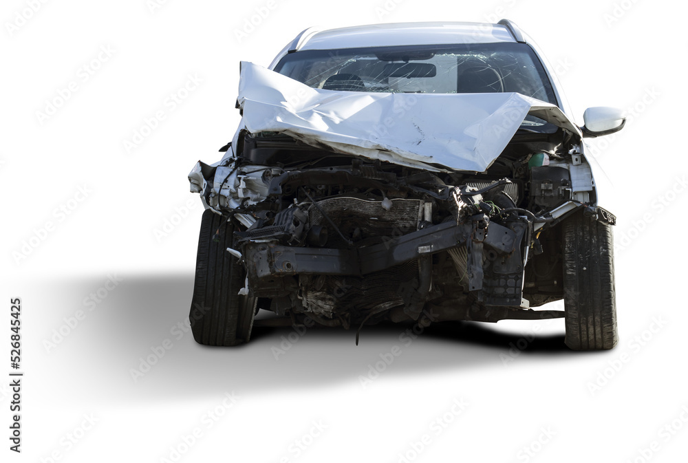 Foto de Frontal view of a crashed white car wreck isolated do Stock ...