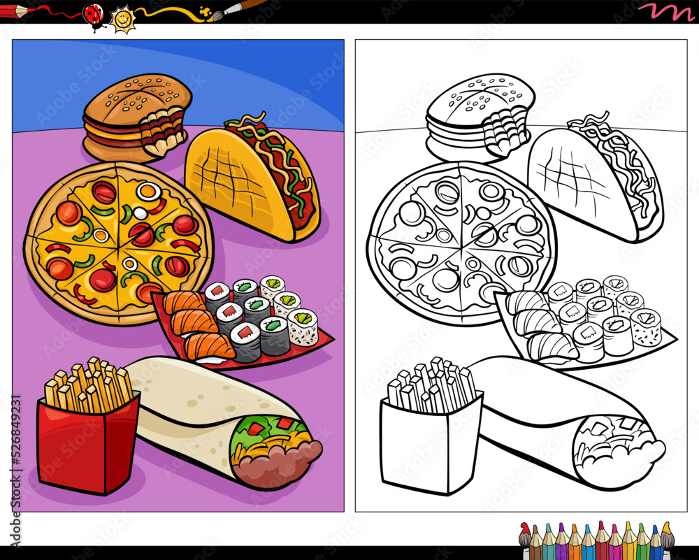 cartoon food dishes and objects group coloring page Stock Vector ...
