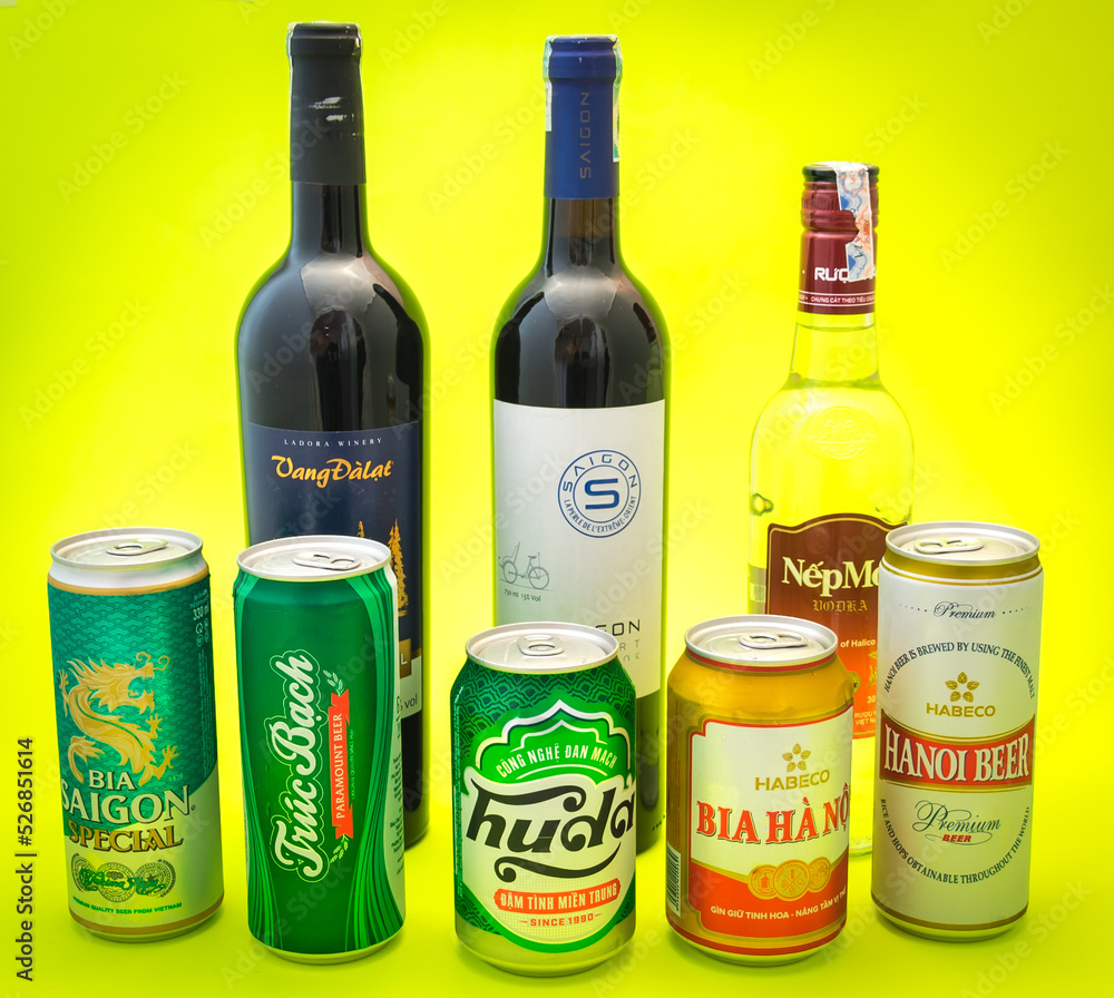 Mixed collection of Vietnamese beer cans and wine bottles including ...