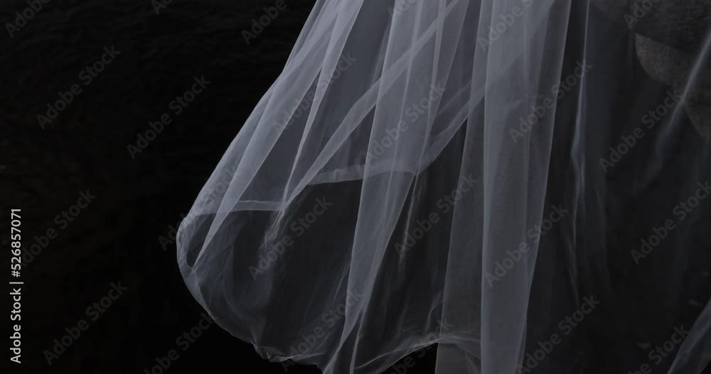 A white translucent veil blowing in the wind. Wedding veil on a dark ...
