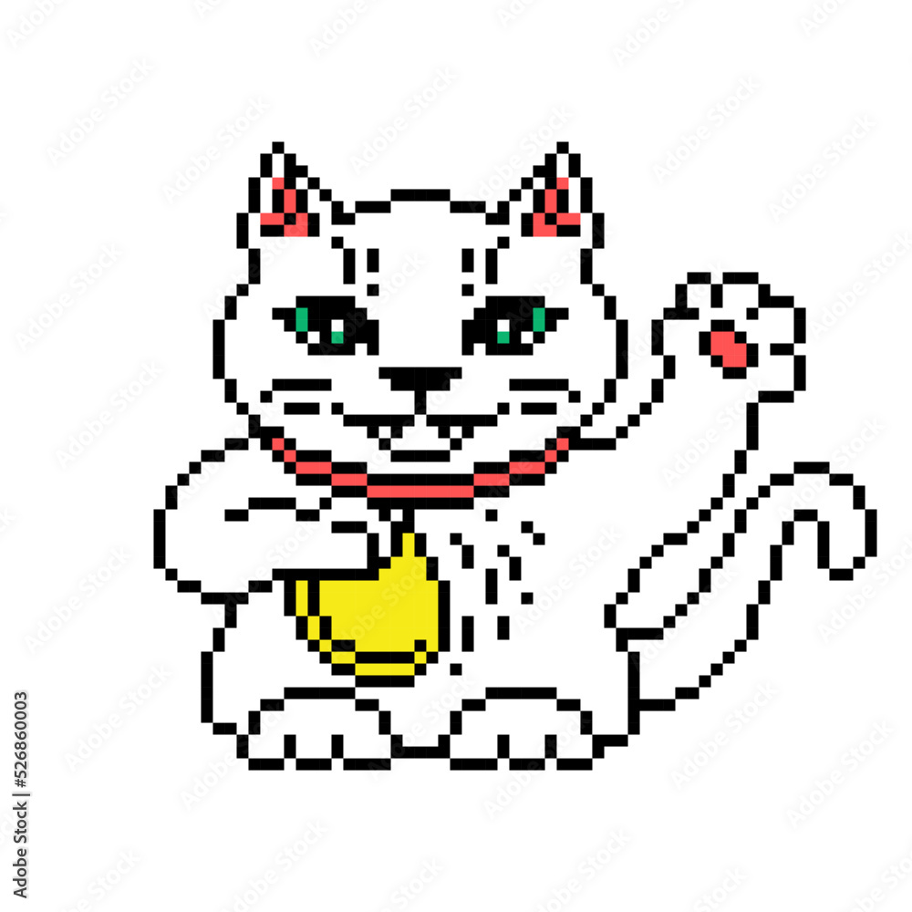 White Maneki neko cat waving and holding a coin, pixel art character ...