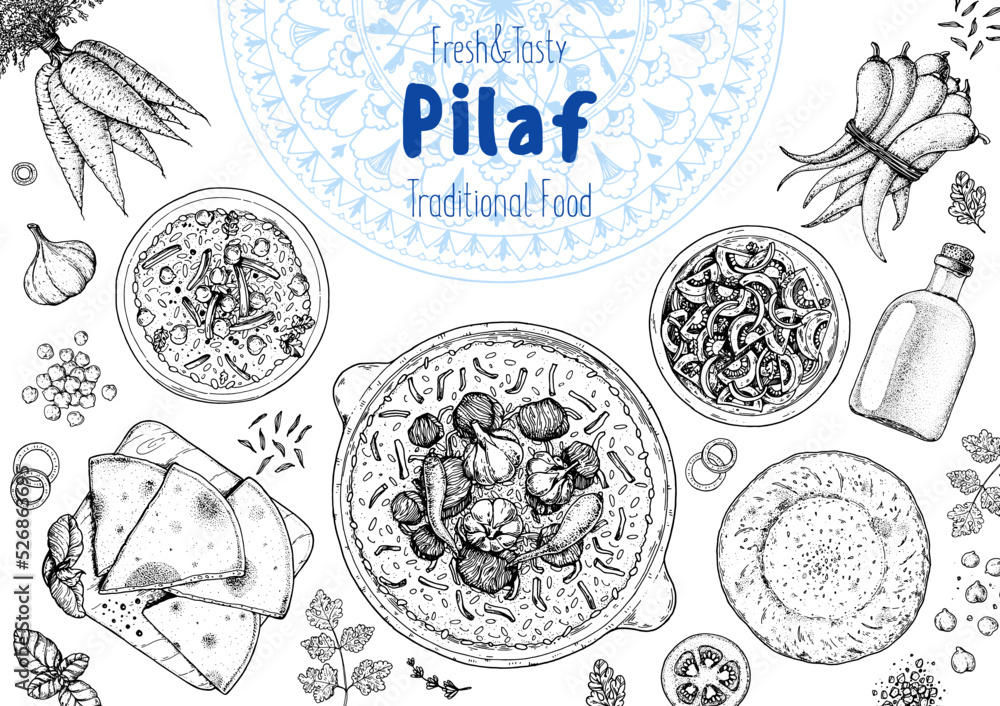 Pilaf cooking and ingredients for pilaf, sketch illustration. Middle ...