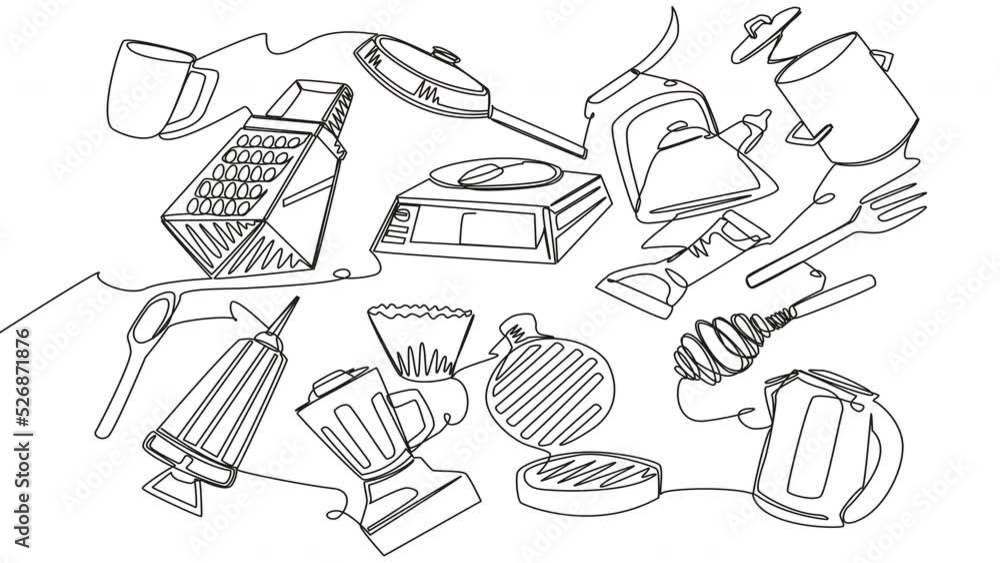 Self-drawing of kitchen devices with one line on a white screen ...