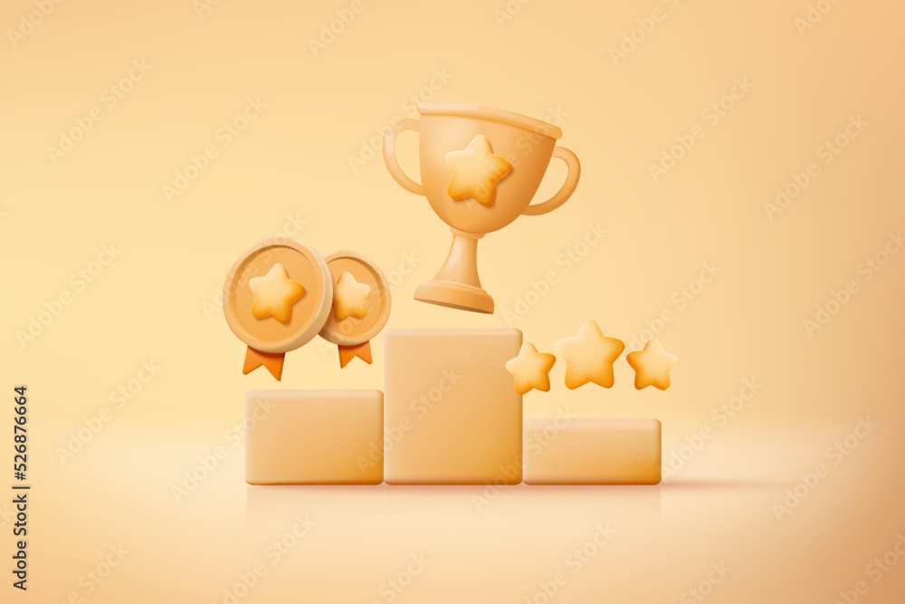 3d winners minimal with golden cup, gold winners stars on podium ...