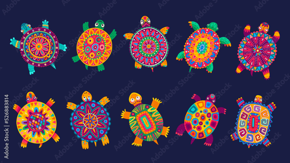 Bright mexican Mayan and Aztec turtle totems, tortoise animals with ...