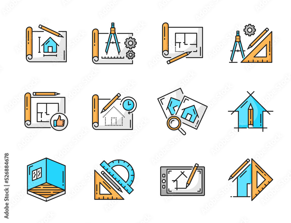 Architect development and interior design icons. House plan, building ...