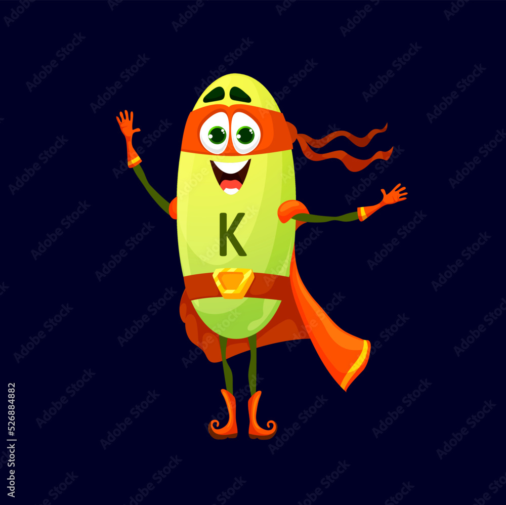 Cartoon potassium kalium superhero micronutrient character. Isolated ...