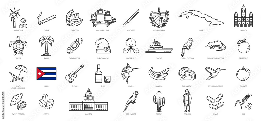 Cuba outline icons, travel landmarks and attractions vector symbols ...