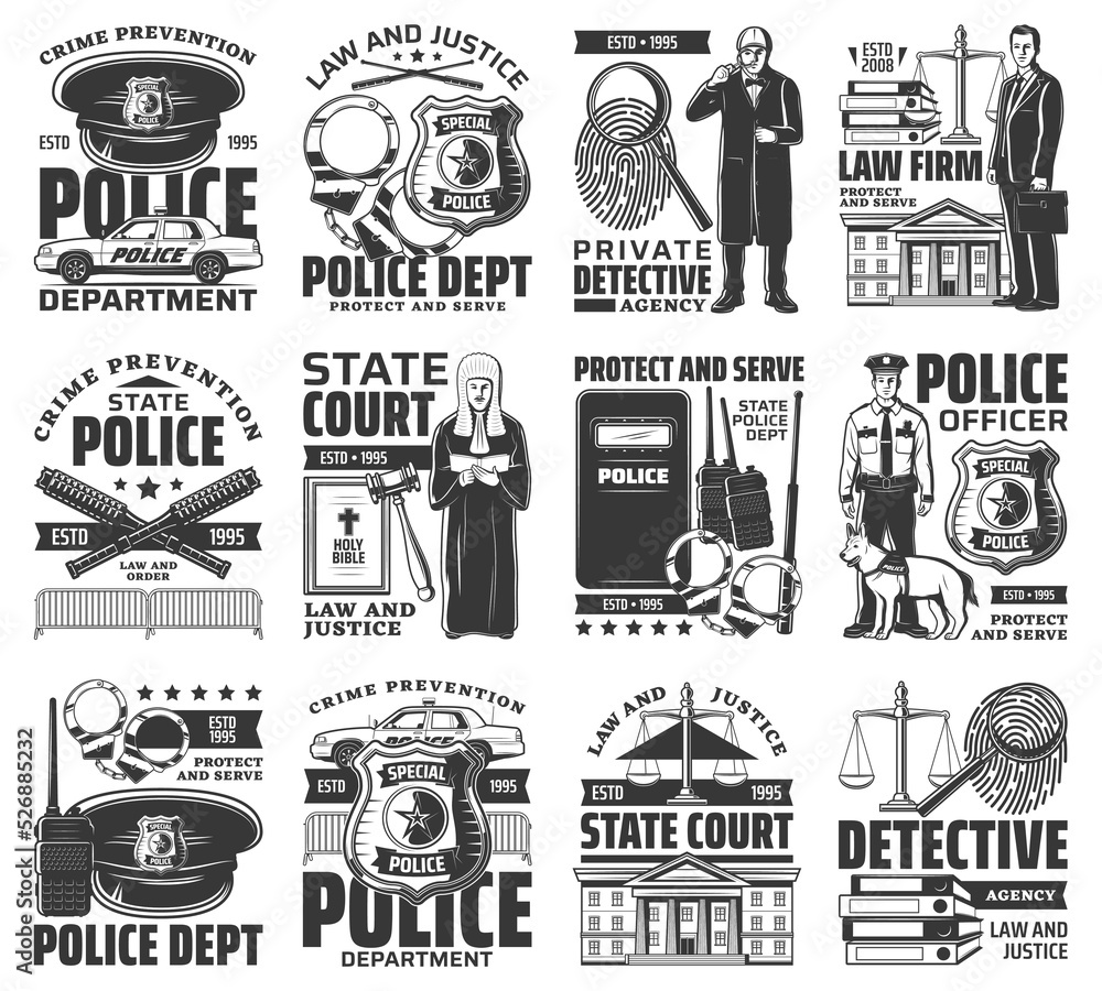 Law and order vector icons state court, police officer with dog, judge ...