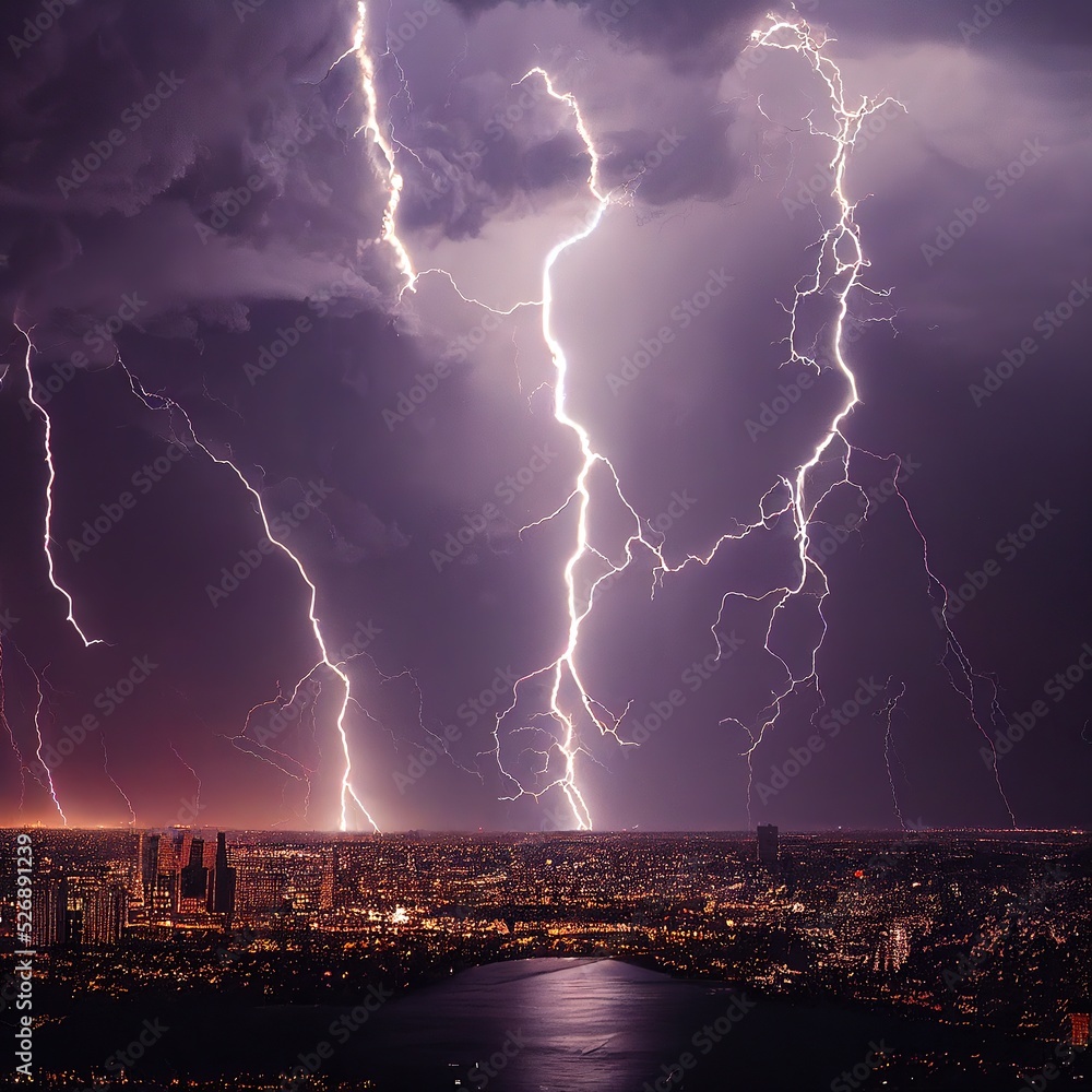 heavy stormy rain, thunderstorm, lightning, wind destroying dark city ...