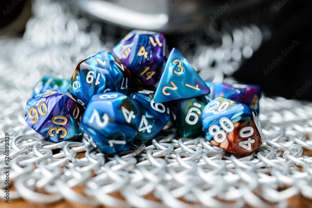 Role Playing Game and game dice and templar knight armour in the table ...