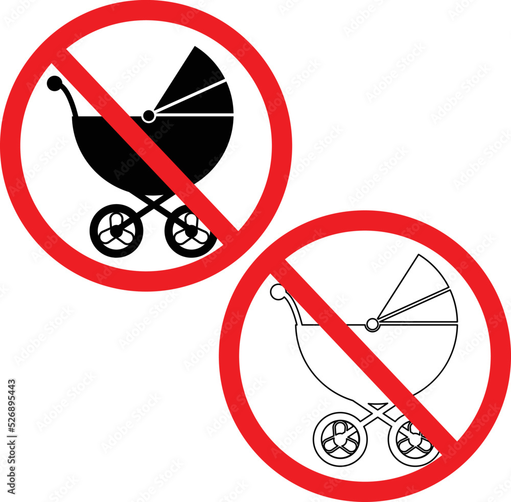No pram sign on white background. Baby carriage not allowed sign. No ...