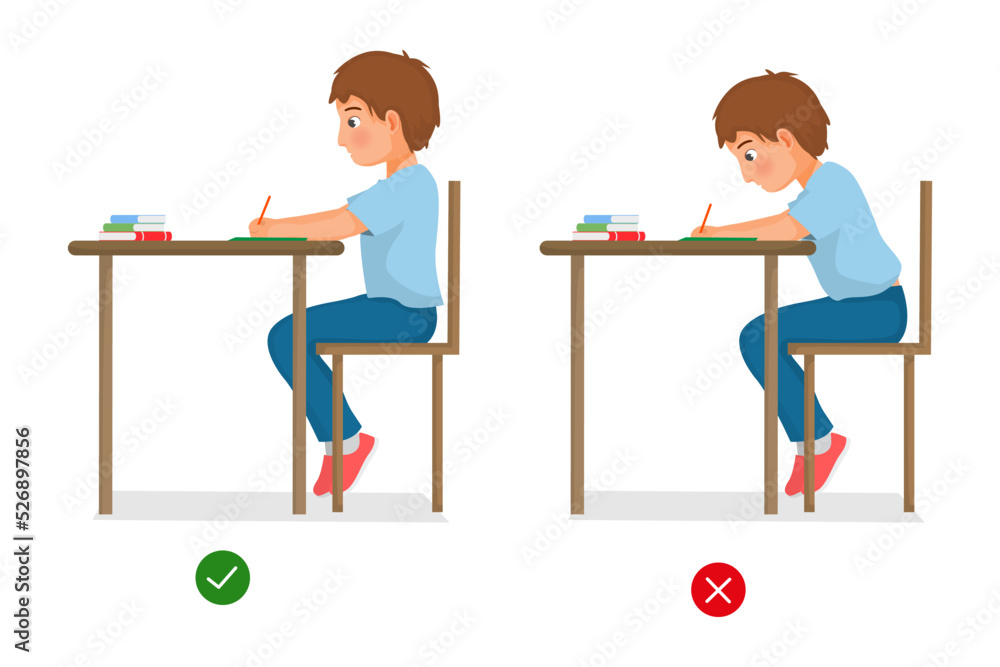 correct and incorrect sitting body postures of little boy studying at ...
