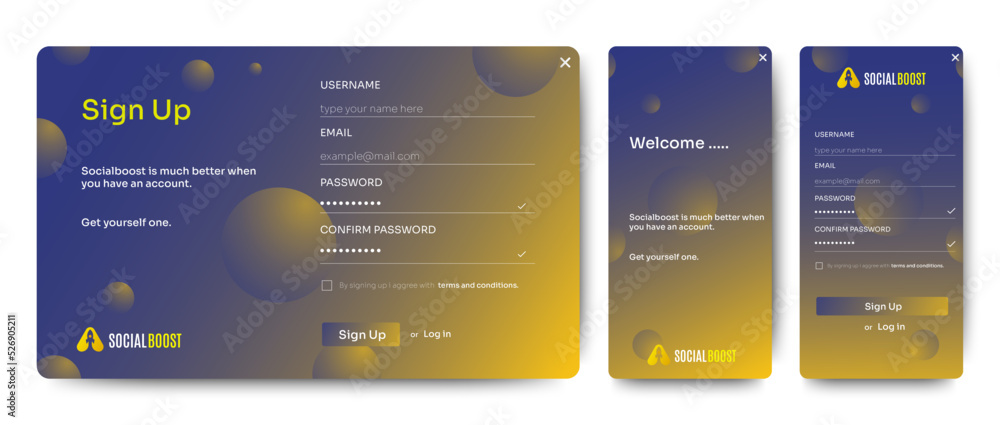 Set of Sign Up and Sign In forms. Orange gradient. Registration and ...