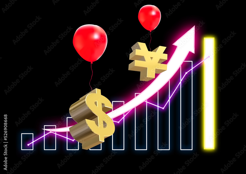 3D illustration of rising currency symbols and chart diagrams hanging ...