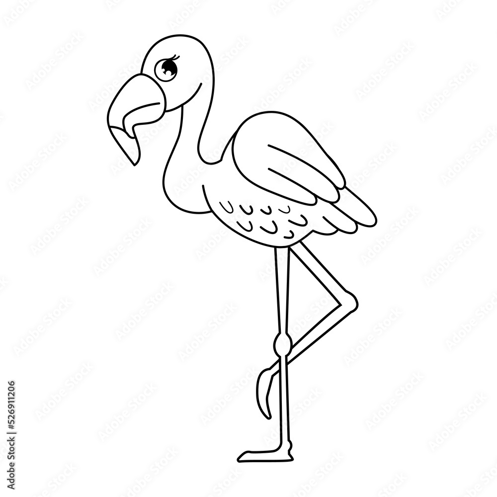 Vector outline illustration of cartoon cute flamingos isolated on white ...
