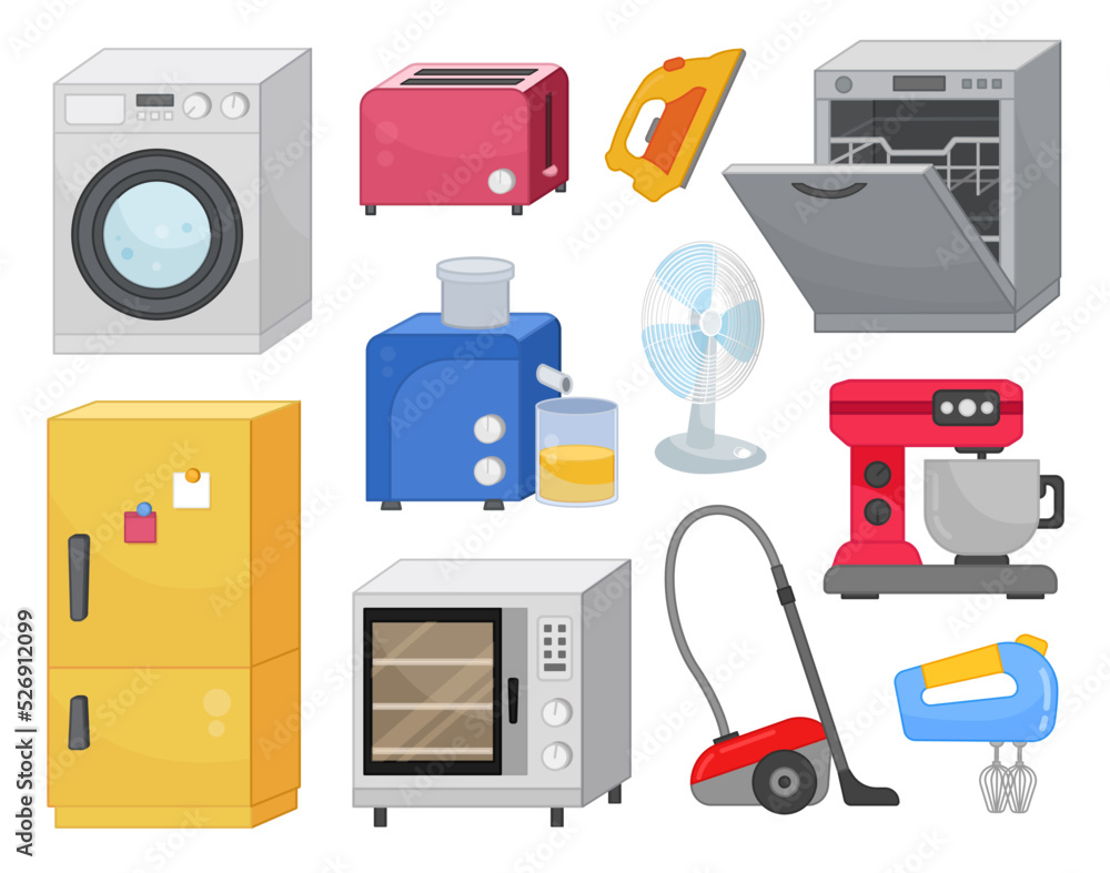 Vector set of cartoon home appliances on a white background. Stock ...