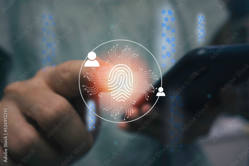 businesswoman scan fingerprint biometric identity and approval. Concept ...
