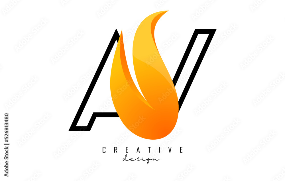 Outline Vector illustration of abstract letters AV a v with fire flames ...