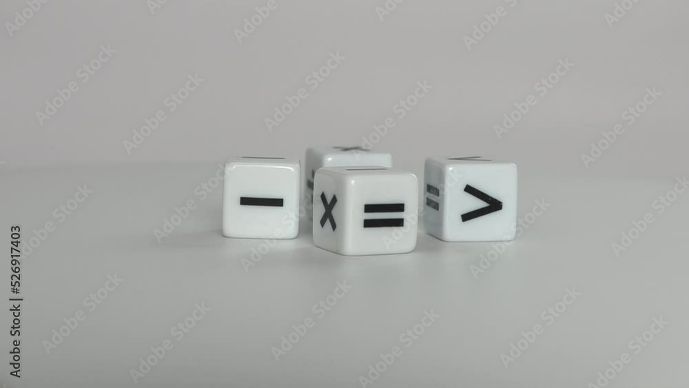 Four white dice with mathematical math symbols. Business concept with ...