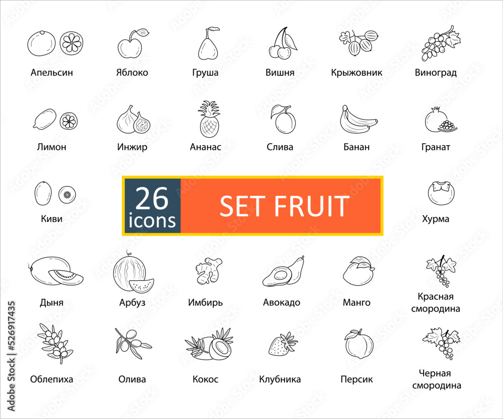 Fruit icon set. Signature in Russian 26 icons set of fruits. Simple ...