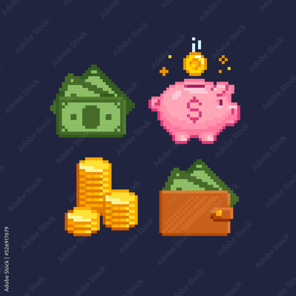 Pixel Game Money saving icons. Piggy Bank with gold coin. Cash Money ...