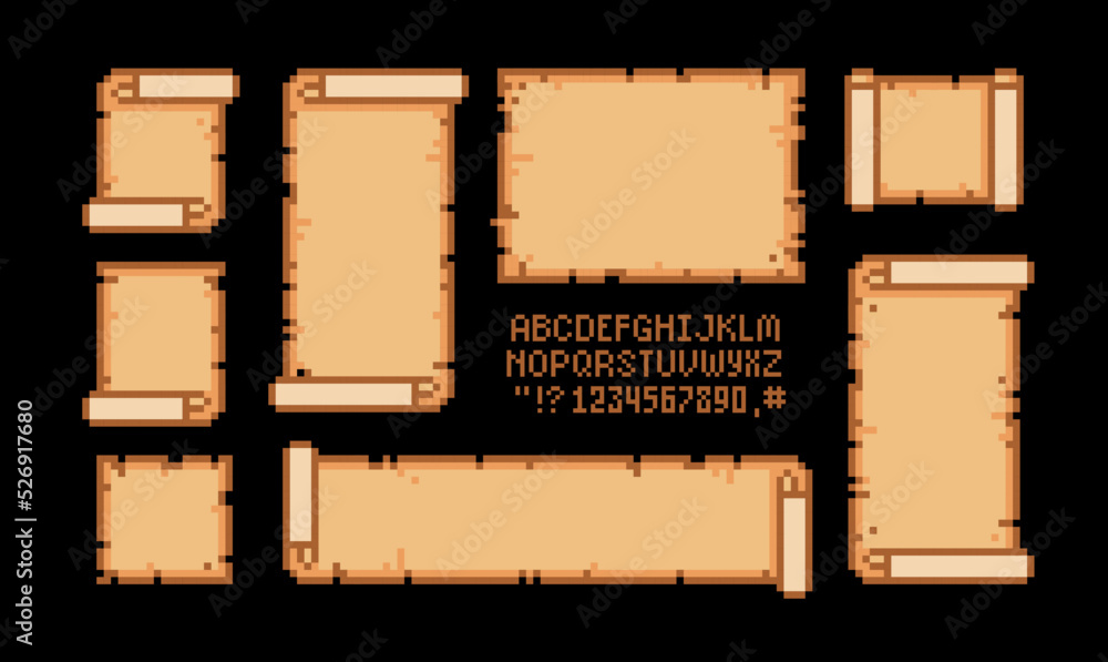 Pixel game vintage ribbons and scrolls. Ancient manuscripts, parchment ...