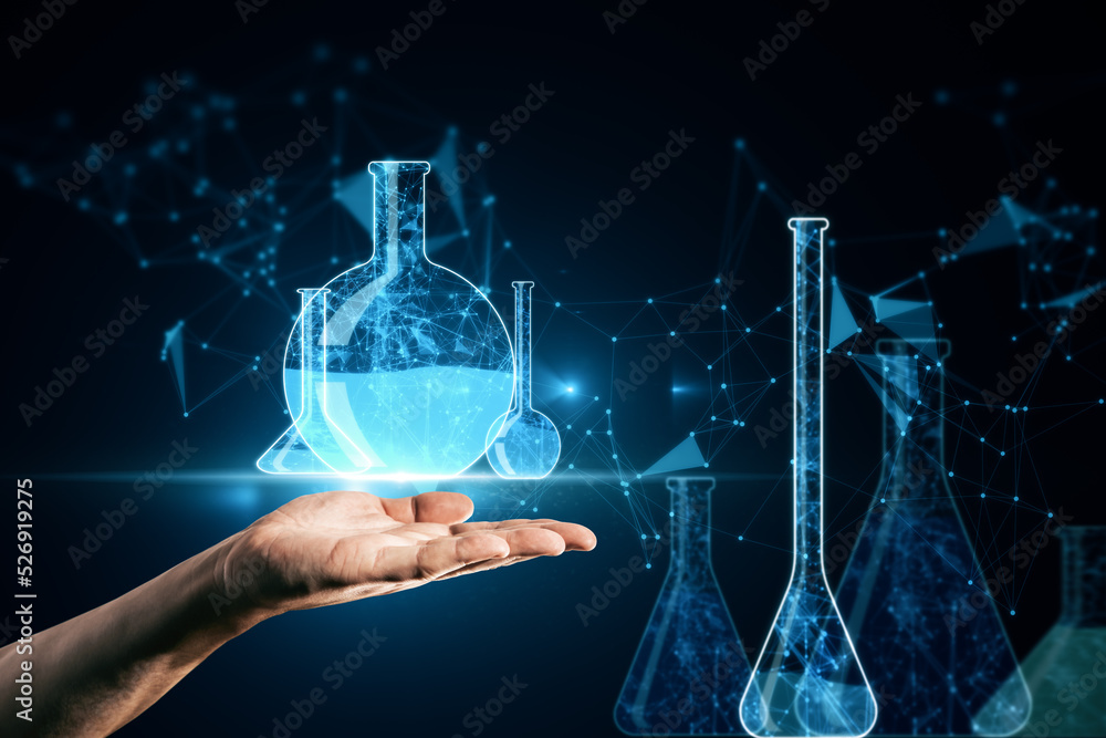 hand holding glowing blue scientific low poly network and flasks on ...