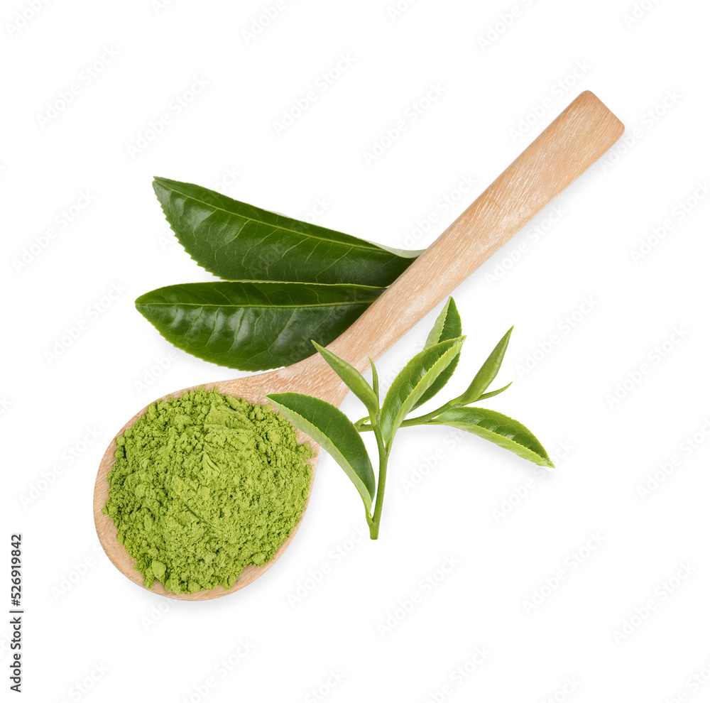 Green matcha powder in a spoonisolated on transparent background. (.PNG ...