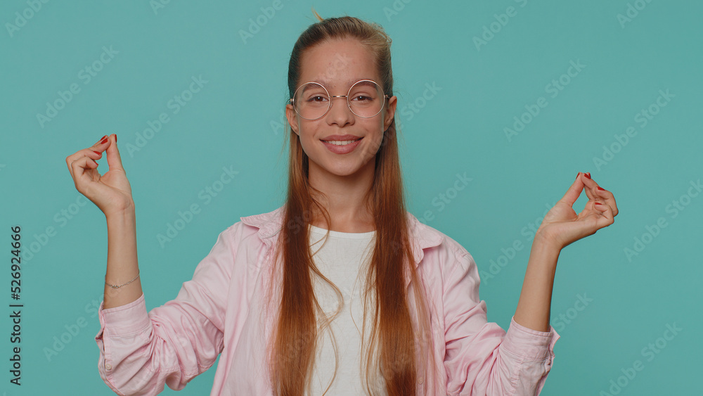 Keep calm down, relax, inner balance. Teenager young girl breathes ...