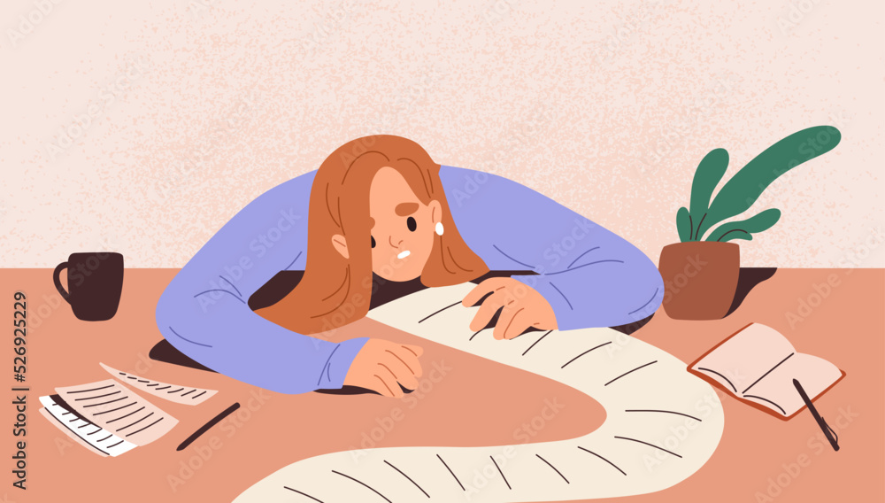 Busy person with long to-do list, big paper plan. Unhappy tired ...