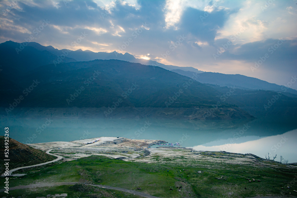 Sunrise view of Tehri mountains. Scenery sunrise over Tehri Lake ...